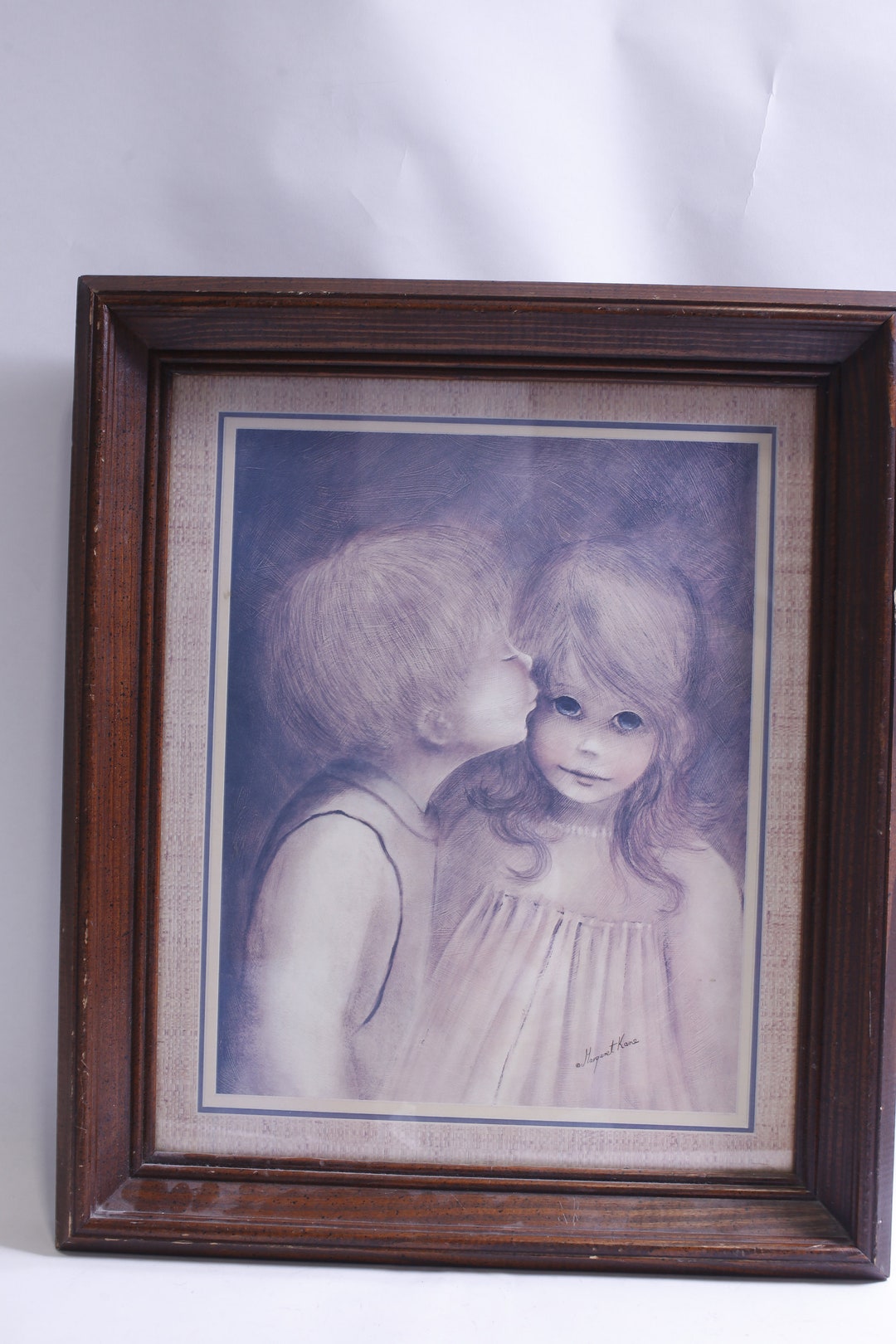 Margaret Keane, A Little Kiss, Boy Kissing Girl, Picture, Framed, 16x20", Wall Hanging, Love ...