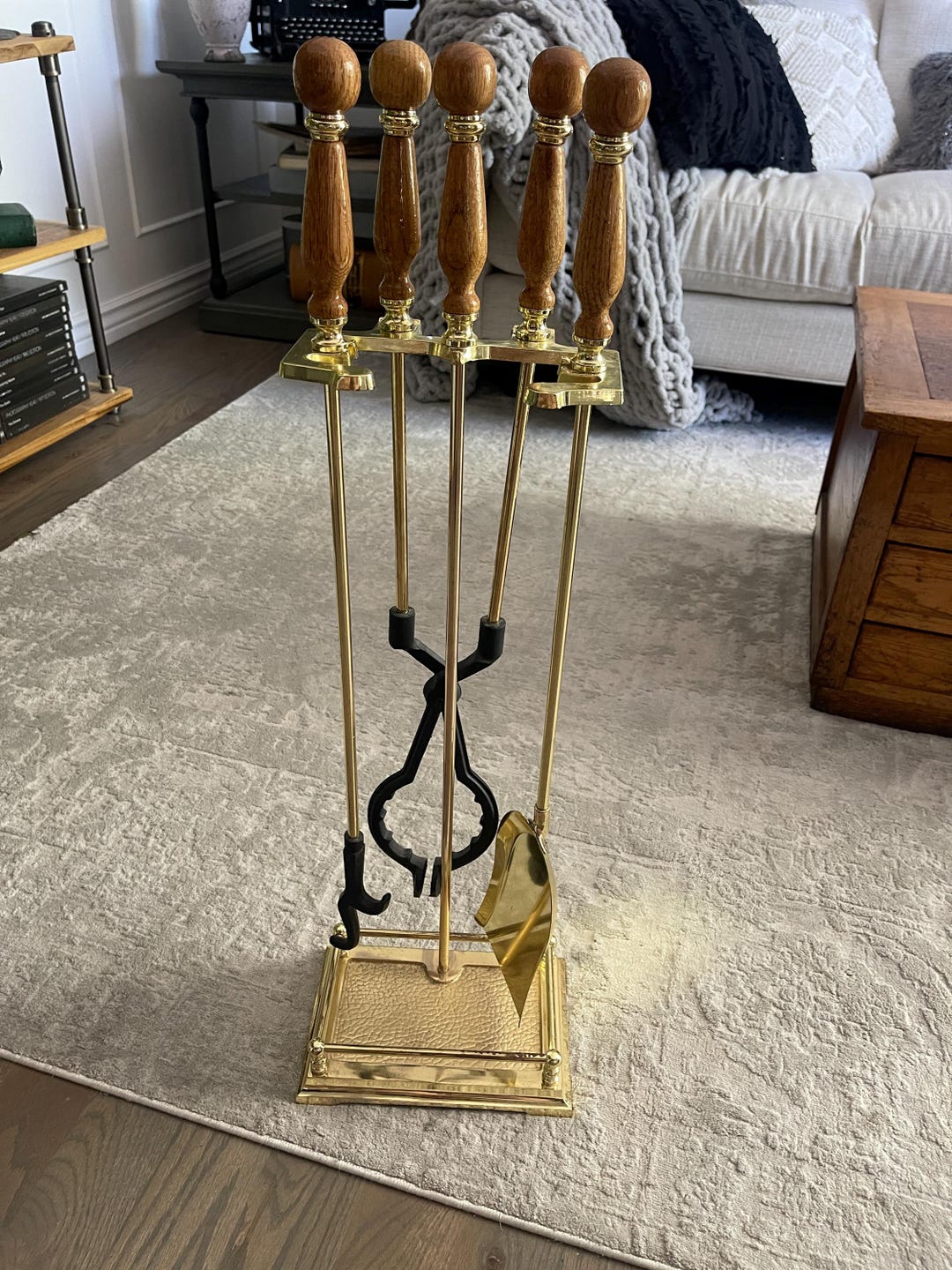 Brass Gold Fireplace Tool Set With Wooden Handles, 3 Pieces, 30 Inches ...