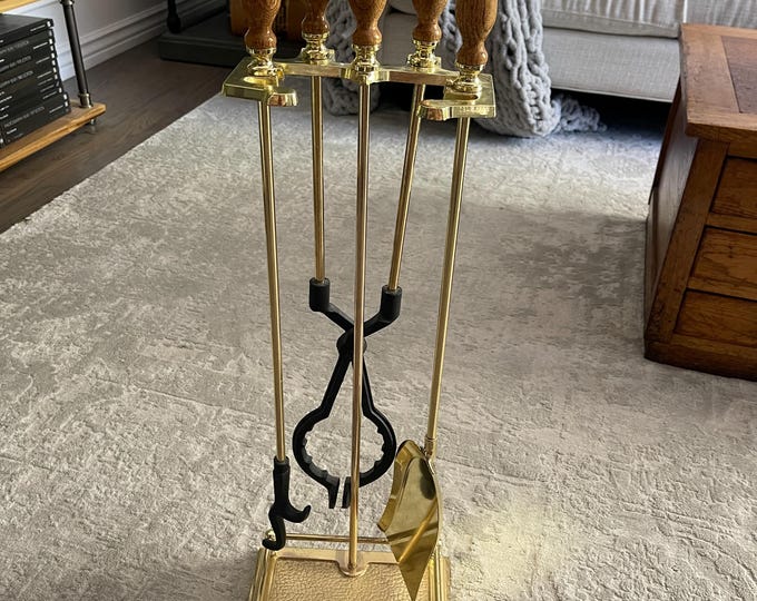 Brass Gold Fireplace Tool Set With Wooden Handles, 3 Pieces, 30 Inches ...