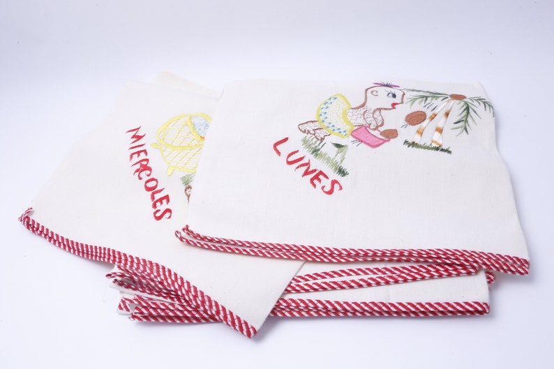Spanish, Days of the Week, Embroidered Napkins, Kids, Cartoon ...