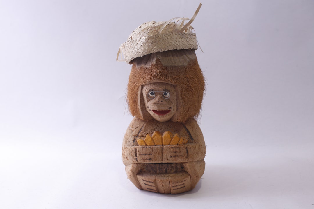 Coconut Coin Bank, Monkey in Glasses Wearing a Straw Hat, Hand Carved ...