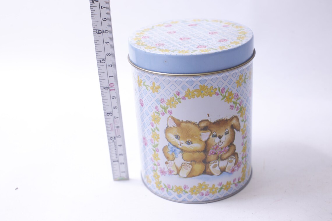 1980s Country Cylinder Tin Box With Cute Kitten and Puppy, Blue-white ...
