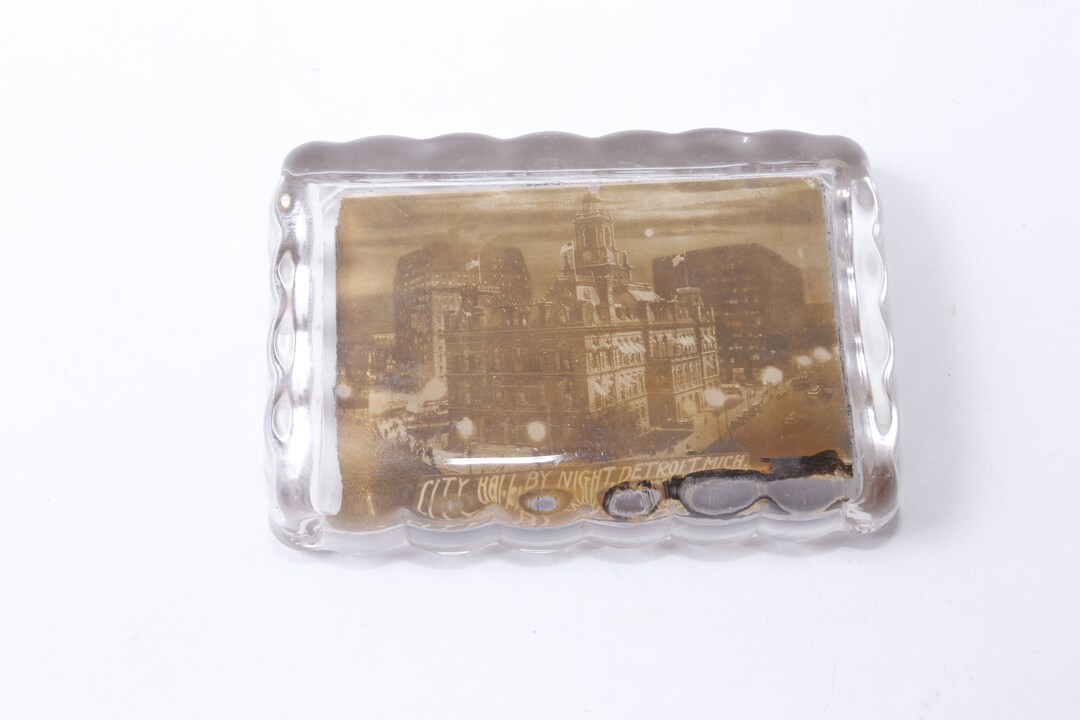 City Hall by Night Detroit Mich, Paperweight Glass Frame, Vintage, Home ...
