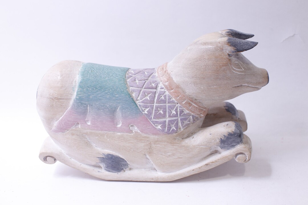 Large Wooden Rocking Pig, Hand Carved, Hand Painted, Animal Figure ...