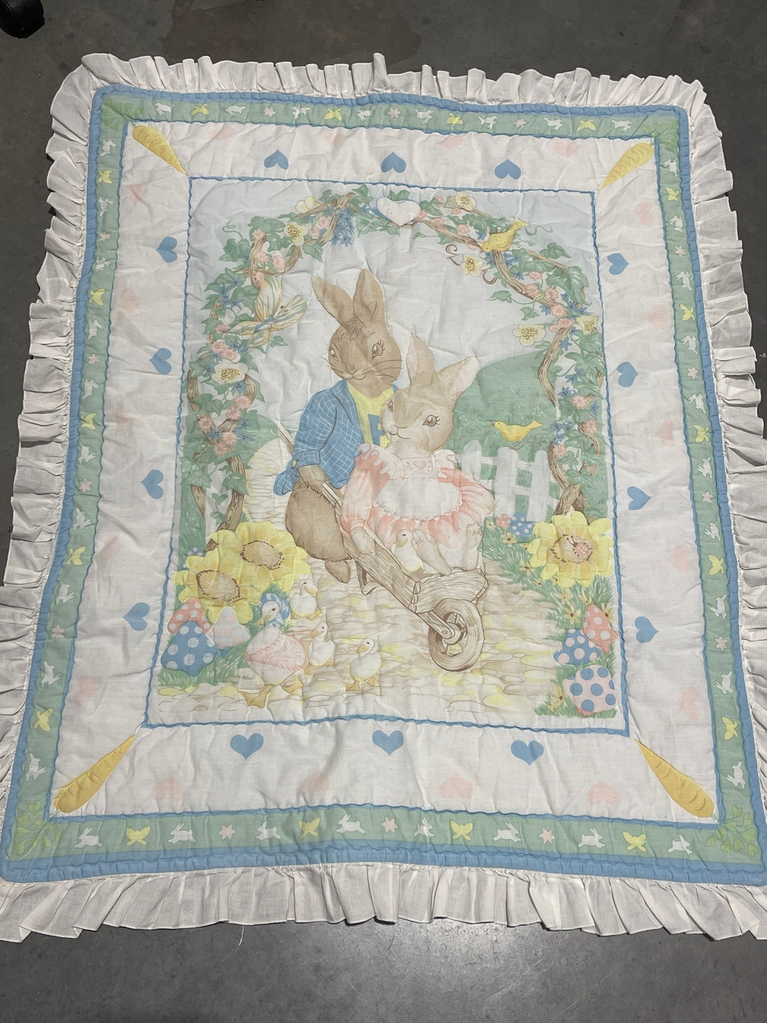 Adorable Rabbit Couple, Baby Quilt, Bed Cover, Crib Decor, Nursery ...
