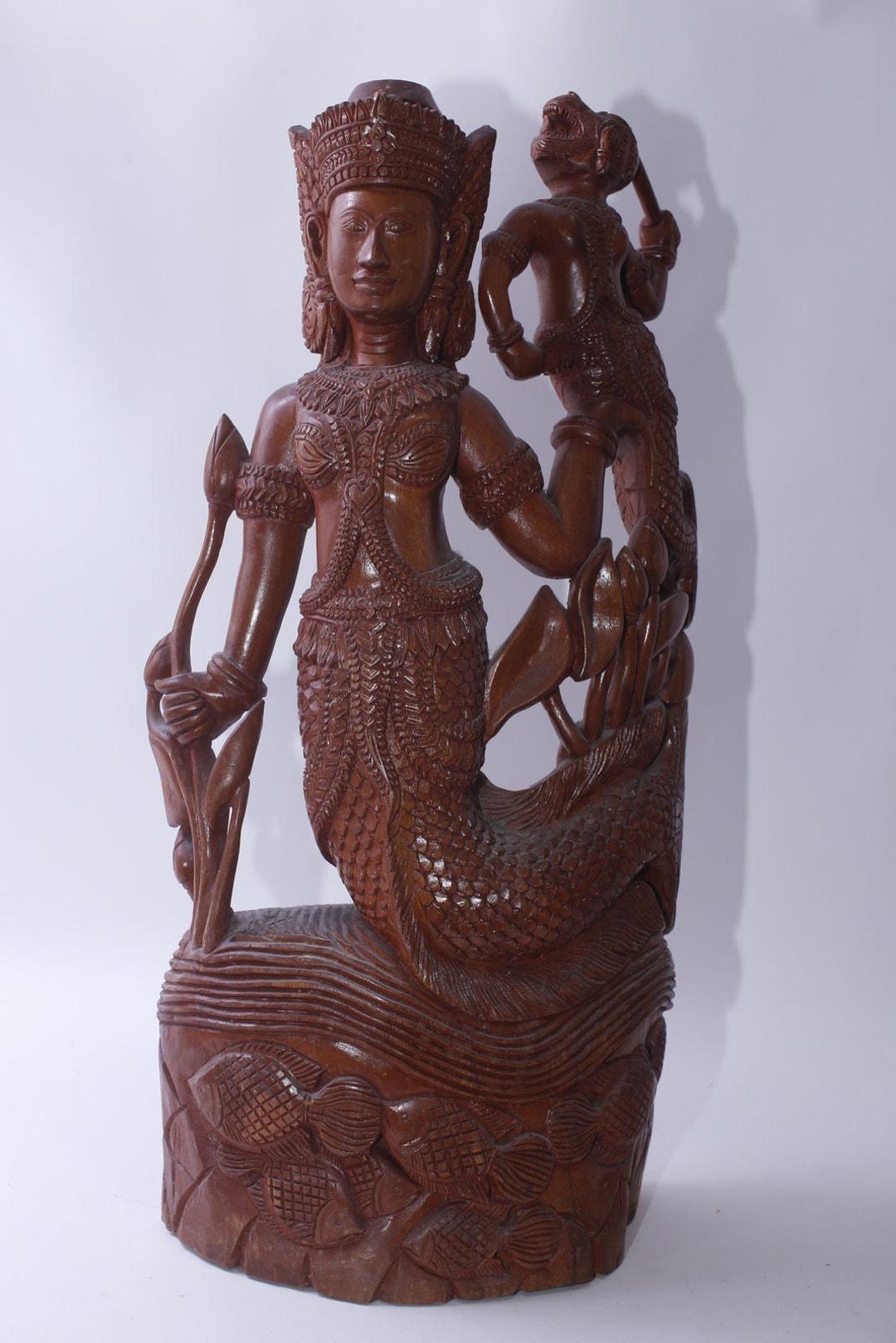 Hanuman and the Mermaid, Wooden Statue, Khmer Art, Cambodia, Carved ...