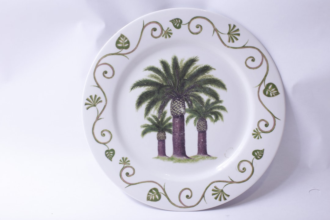 Palm Trees, Collectible Plate, White, Green Floral Design, Totally ...