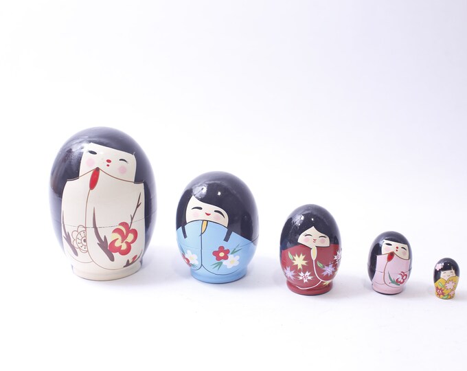 Japanese Wooden Nesting Dolls, Set of 5, Kokeshi, Painted Floral Kimono ...