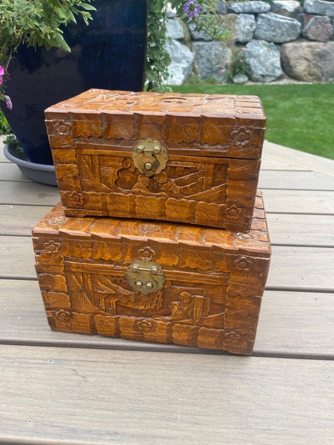 VTG Tibetan Hand Carved Boho Stacking Treasure Boxes, Teak Chest, Hand ...