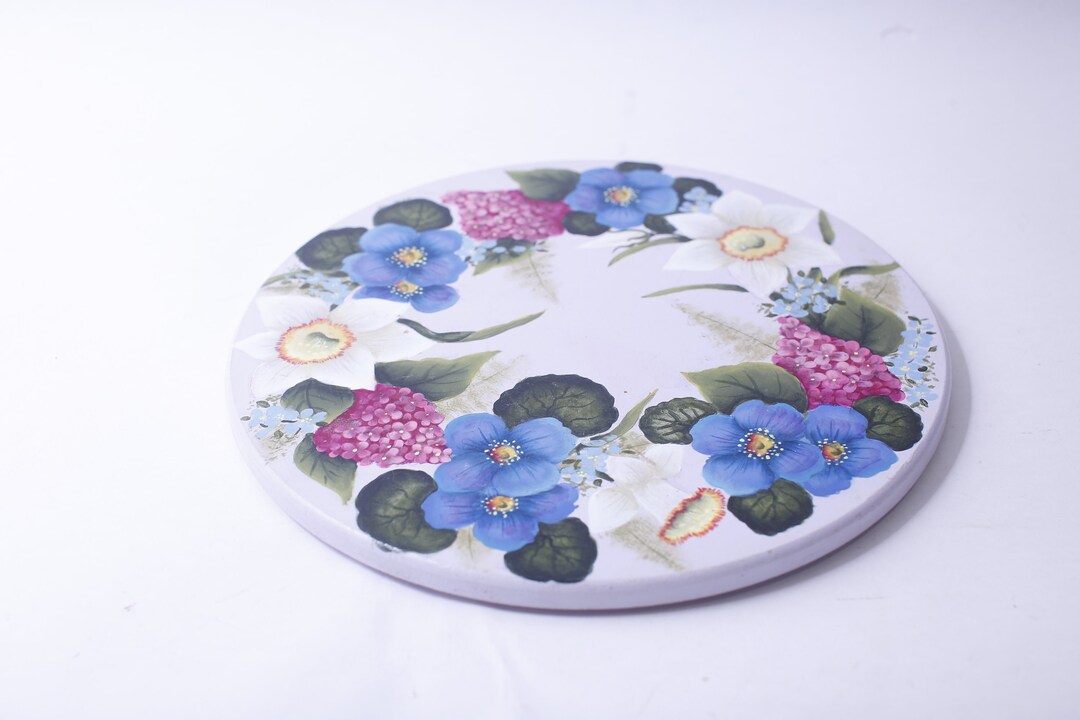 Hand Painted Trivet, Round Flowers Painting, 9", Trivet, Wall Hanging ...