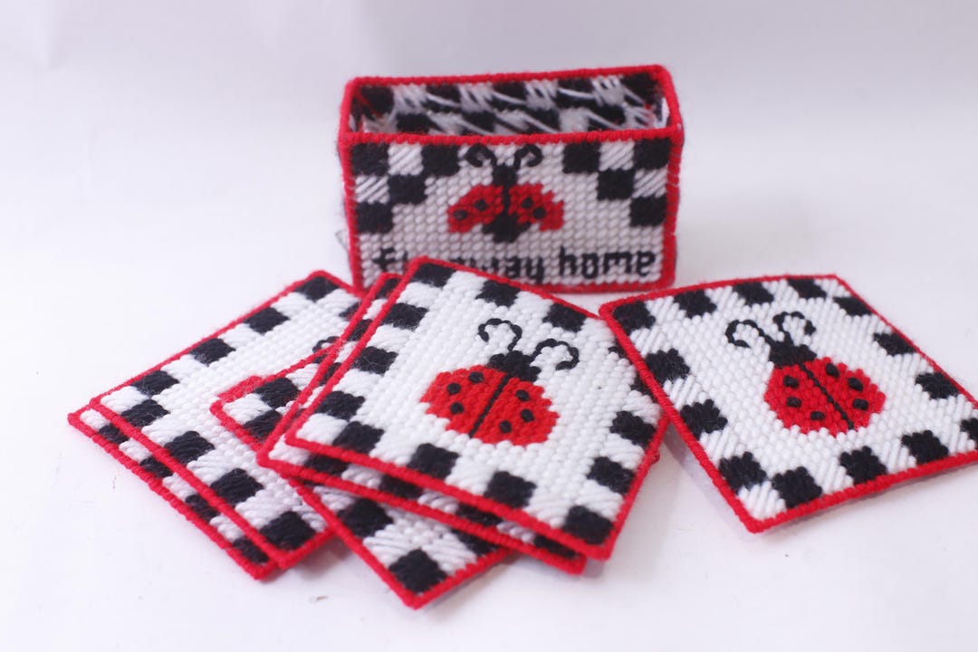 Fly Away Home, Plastic Canvas Needlepoint Coasters With Ladybugs, Set ...