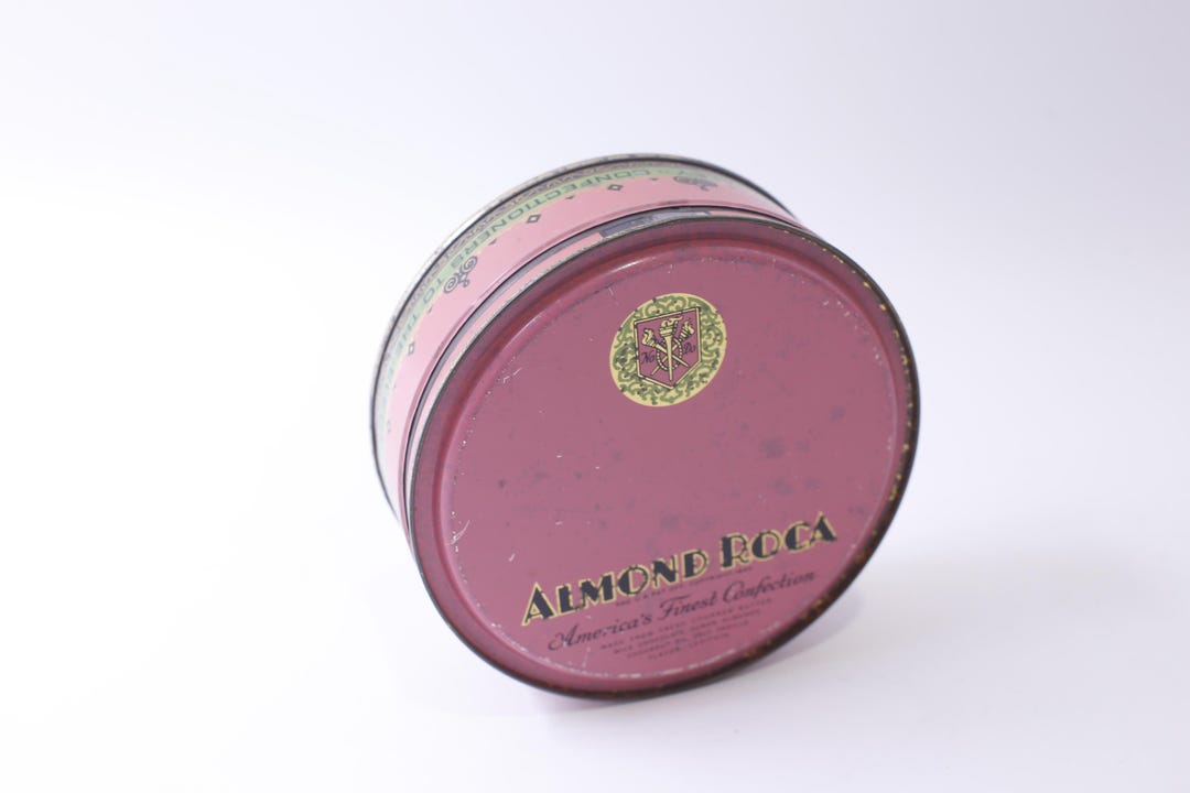 Almond Roca, 1960s Pink Round Tin Box, Retro, Container, Kitchen Decor ...
