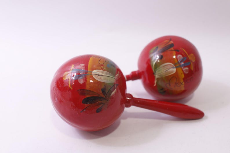 Mexico, Red, Maracas, Lot of 2, Hand Painted, Percussion, Musical ...