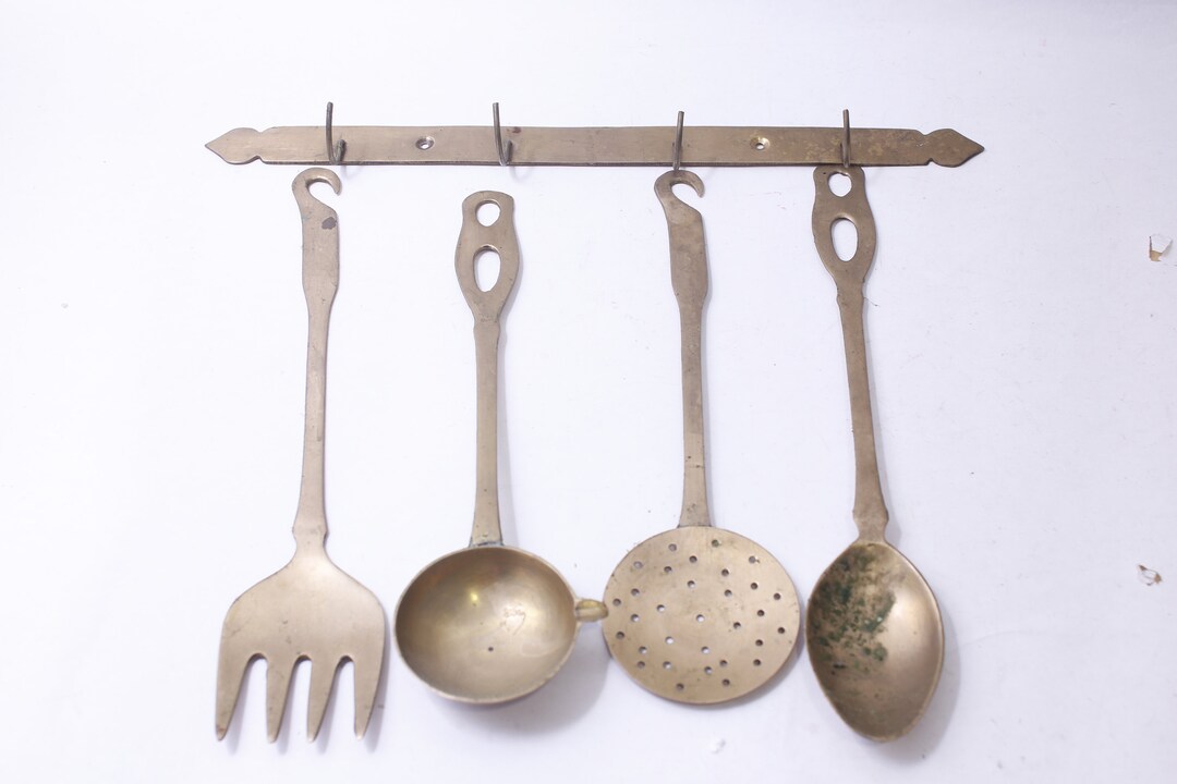 Vintage Brass Cooking Utensils With Wall Rack, Wall Mount Country ...