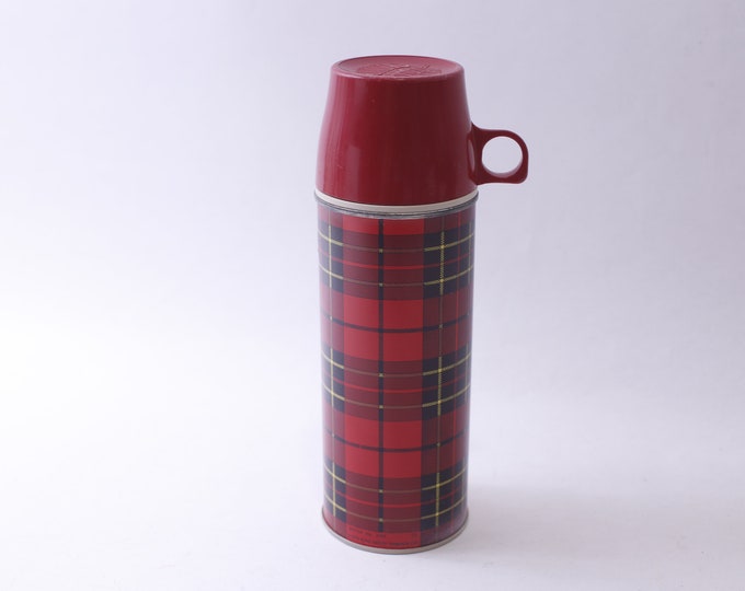 Vintage Red Plaid Thermos With Red Cup, Vacuum Bottle, Drinkware ...