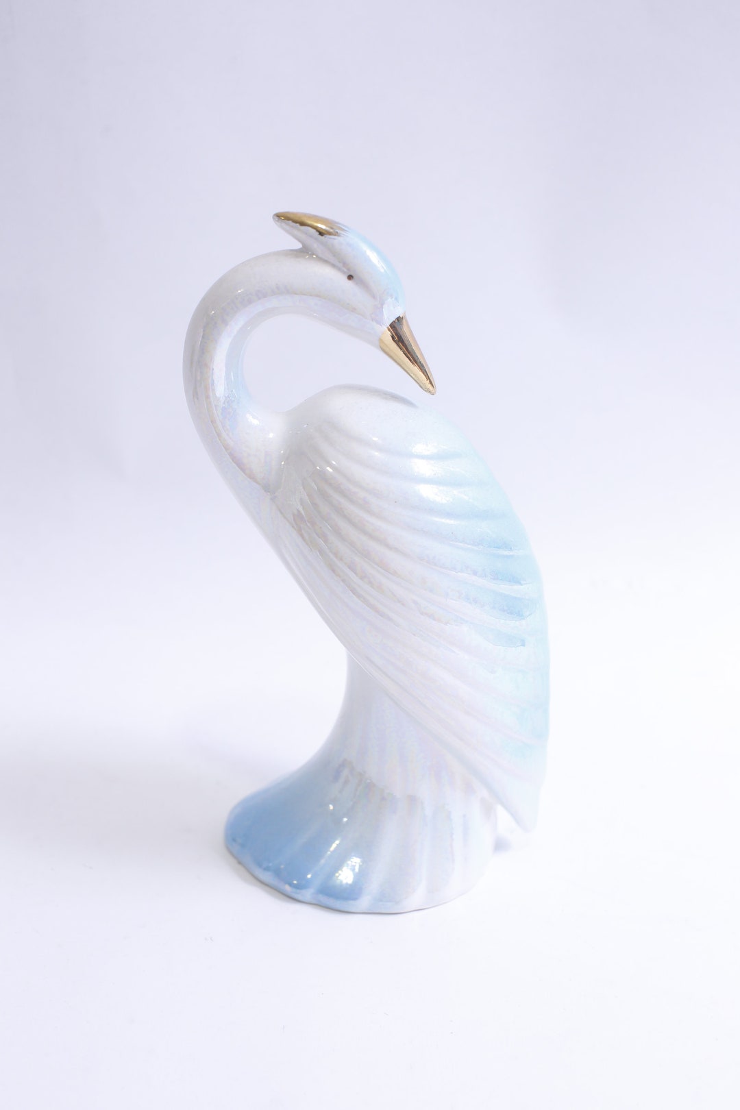 Art Deco Ceramic Crane, Long Neck, Gold and White Decoration Figure WH ...