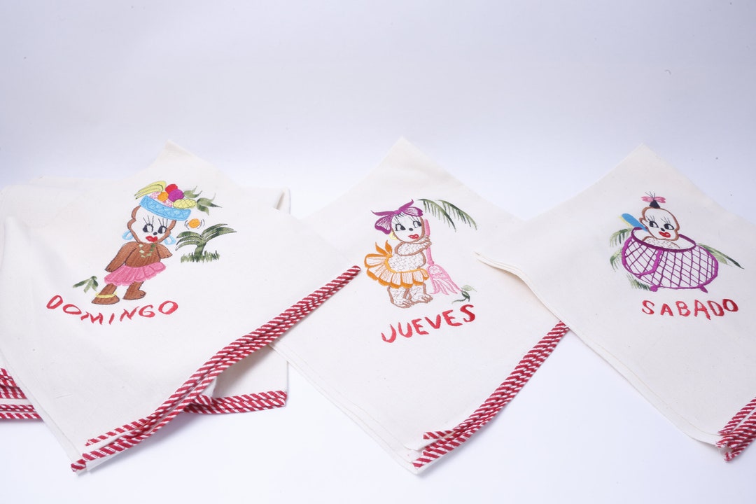 Spanish, Days of the Week, Embroidered Napkins, Kids, Cartoon ...