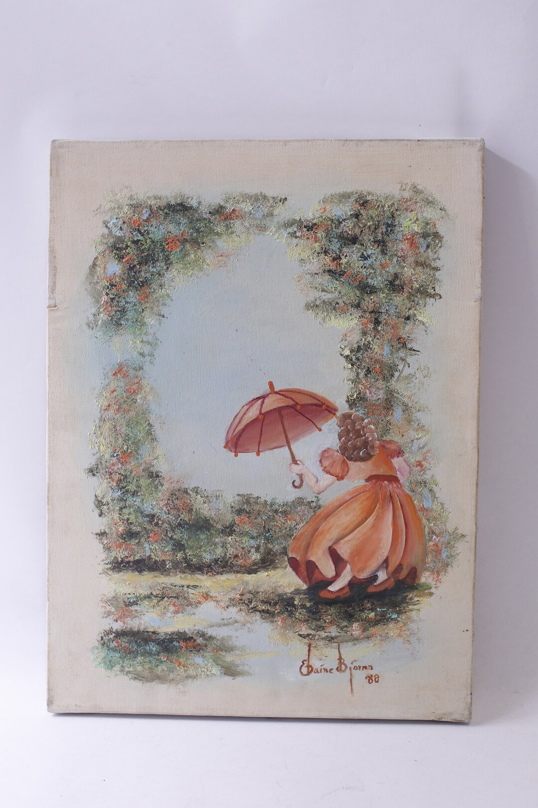 Lady in Red With an Umbrella, Oil Painting, Elaine Bjornn, 1988, Signed ...