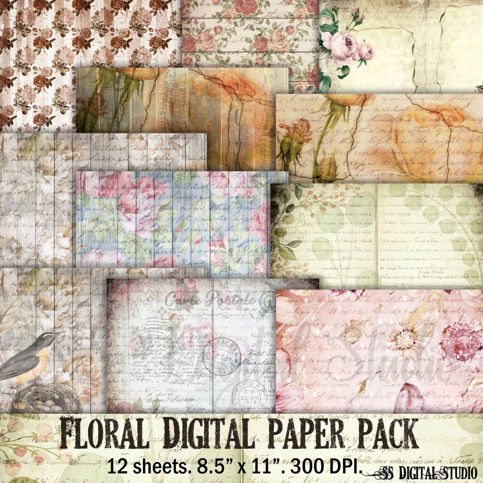 Vintage Rose Digital Paper: Shabby Chic Scrapbook (digital Download) - Etsy