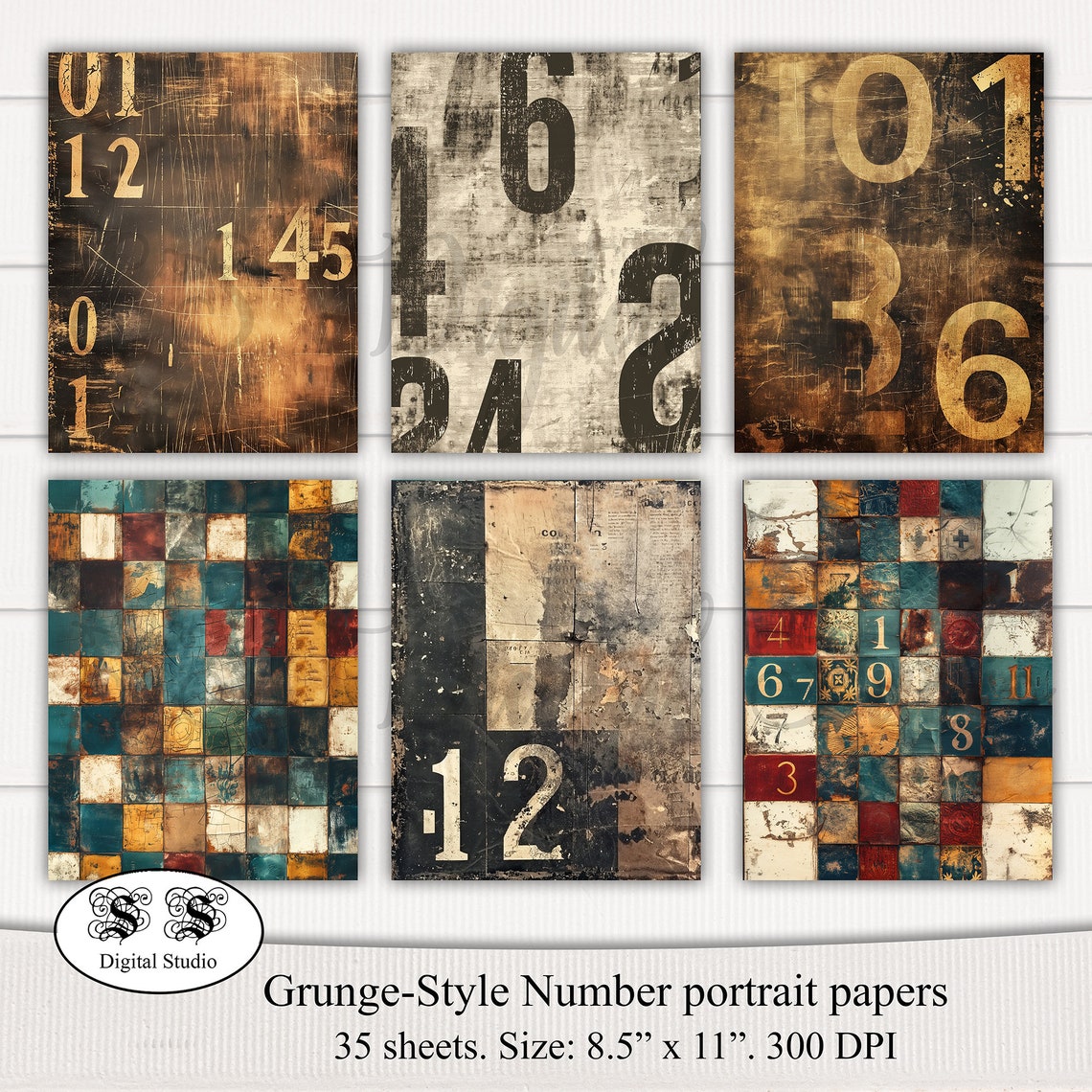 Grunge-style Number Portrait Printable Papers for Scrapbooking and Junk ...