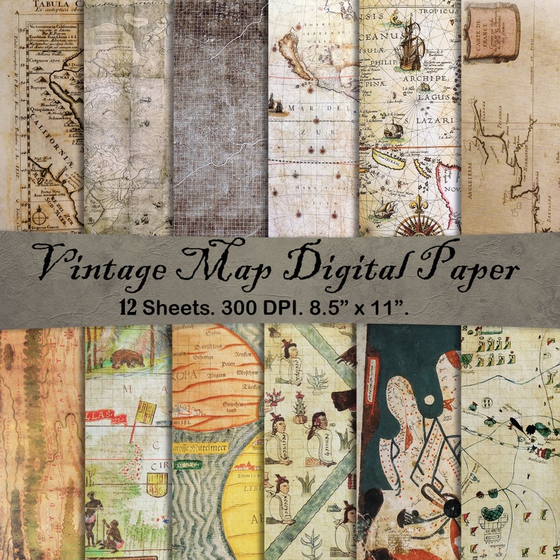 Vintage Digital Paper Map Antique Paper Card Making Back - Etsy