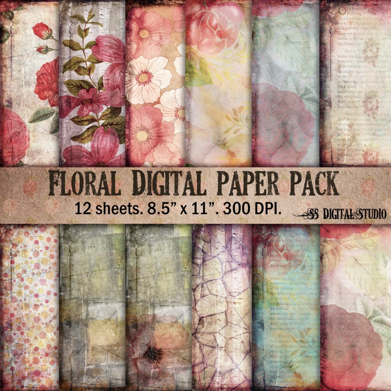 Flower Grunge Paper Vintage Floral Digital Paper | Etsy