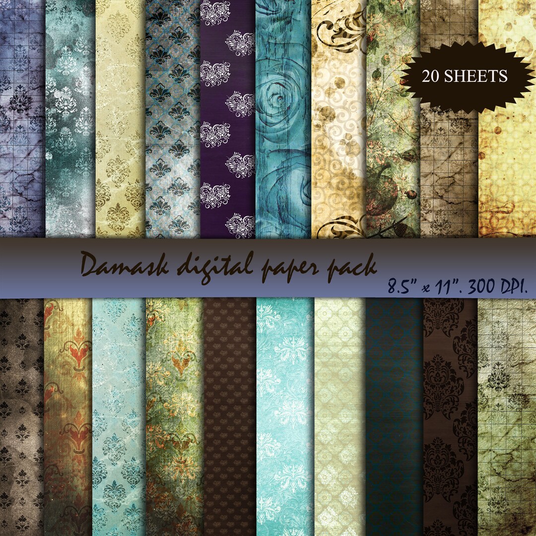 Grunge, Vintage, Damask Junk Journal Digital Paper Pack, Back Ground ...