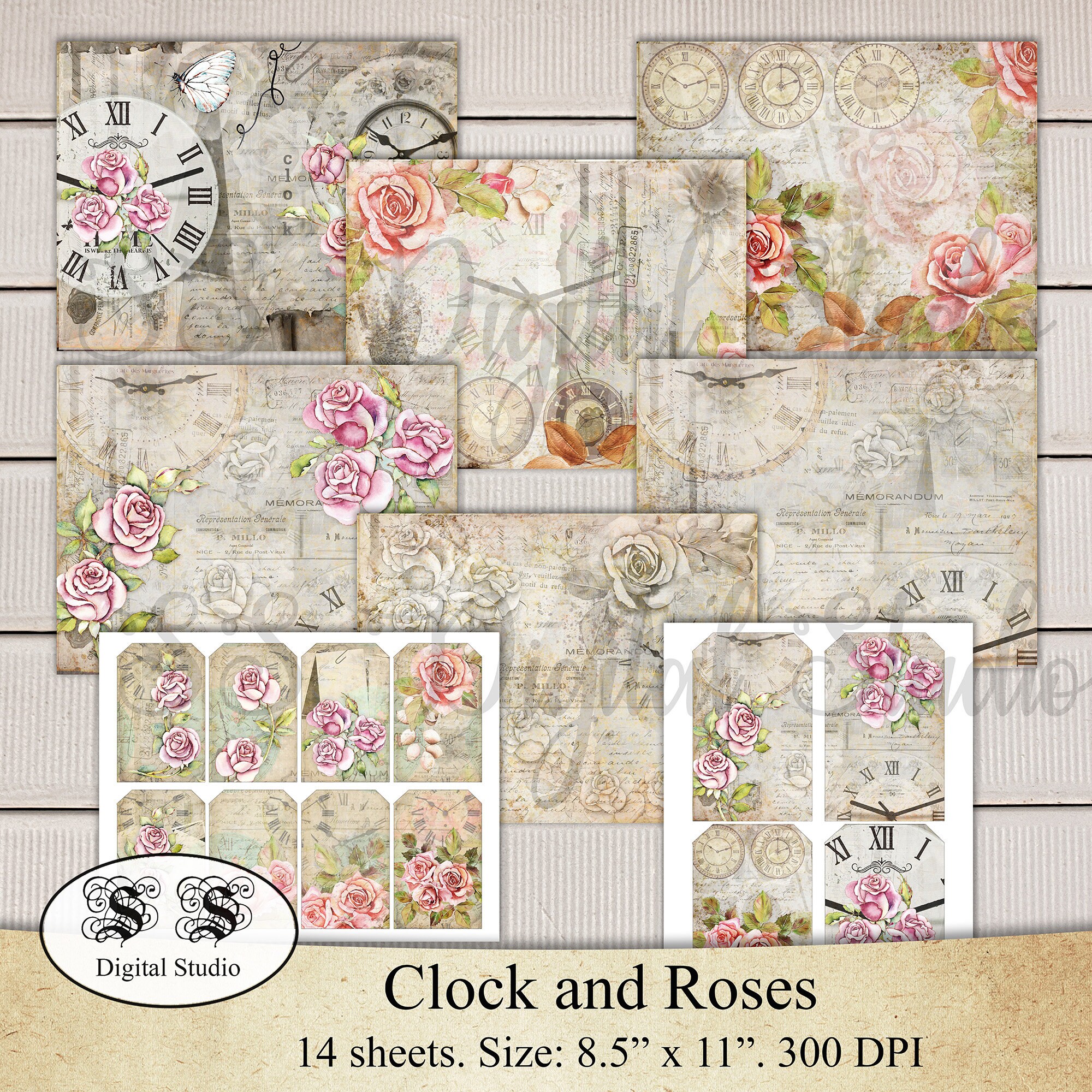 Clock and Roses Printable Paper Vintage Roses Antique - Etsy