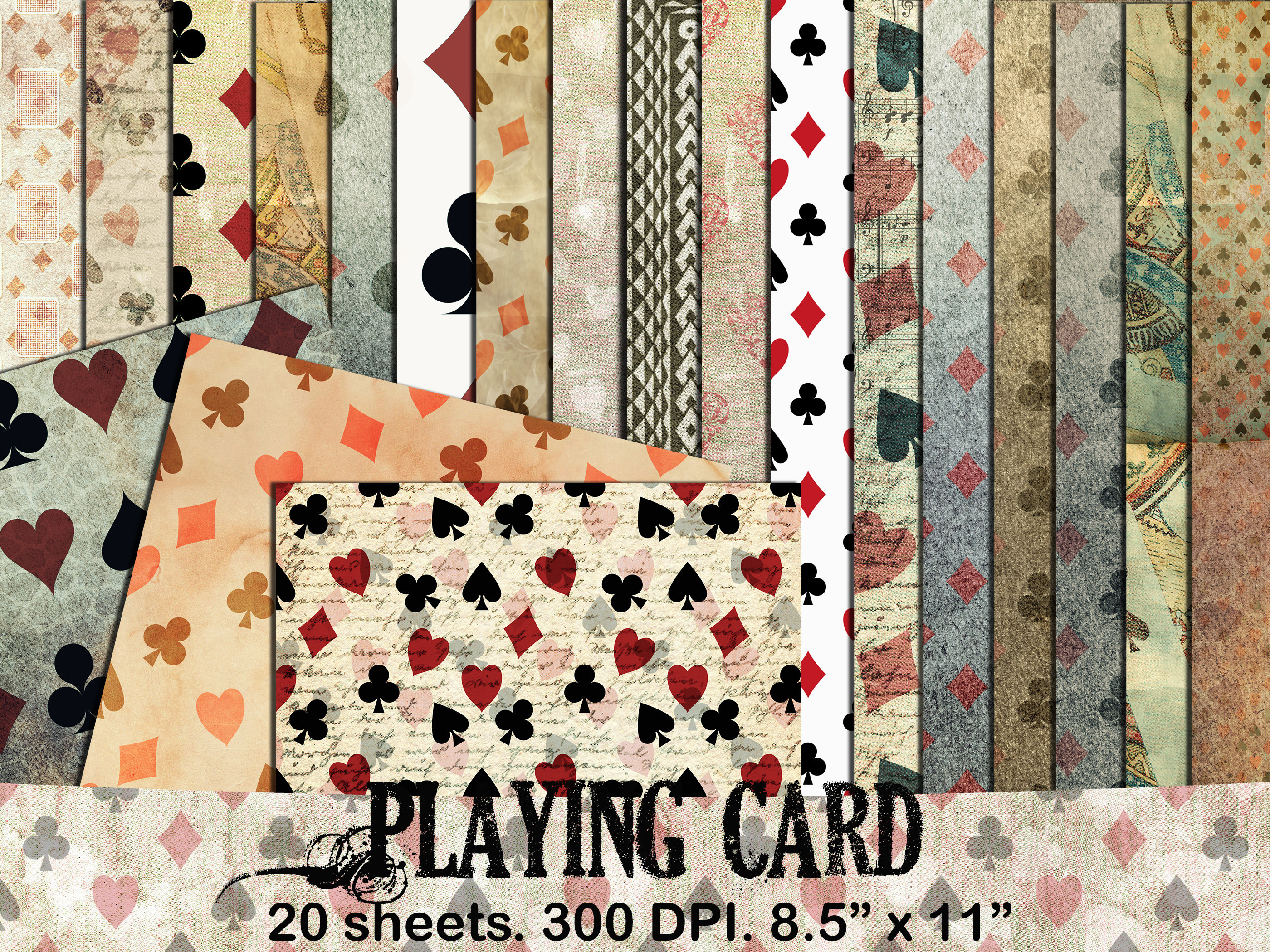 Vintage Playing Card Digital Paper: Poker Scrapbook Backgrounds ...