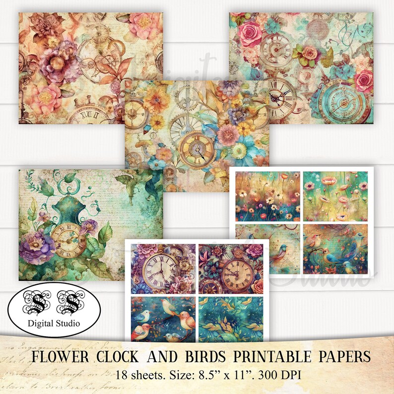 Vintage Flower Clock Printable Paper: Steampunk Journal Kit (digital ...
