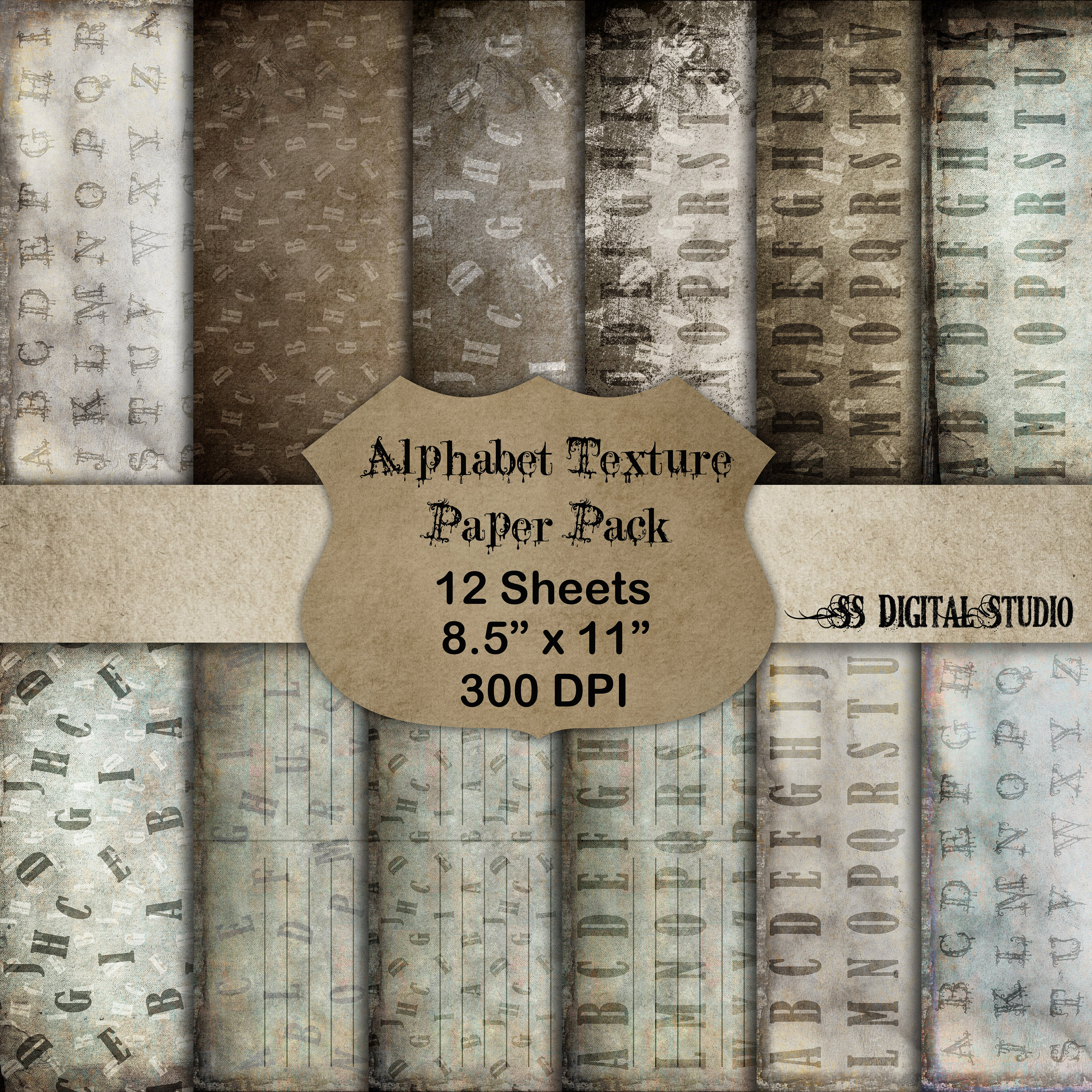 Vintage Alphabet Texture Paper Pack: Grunge Scrapbook Pages (digital ...