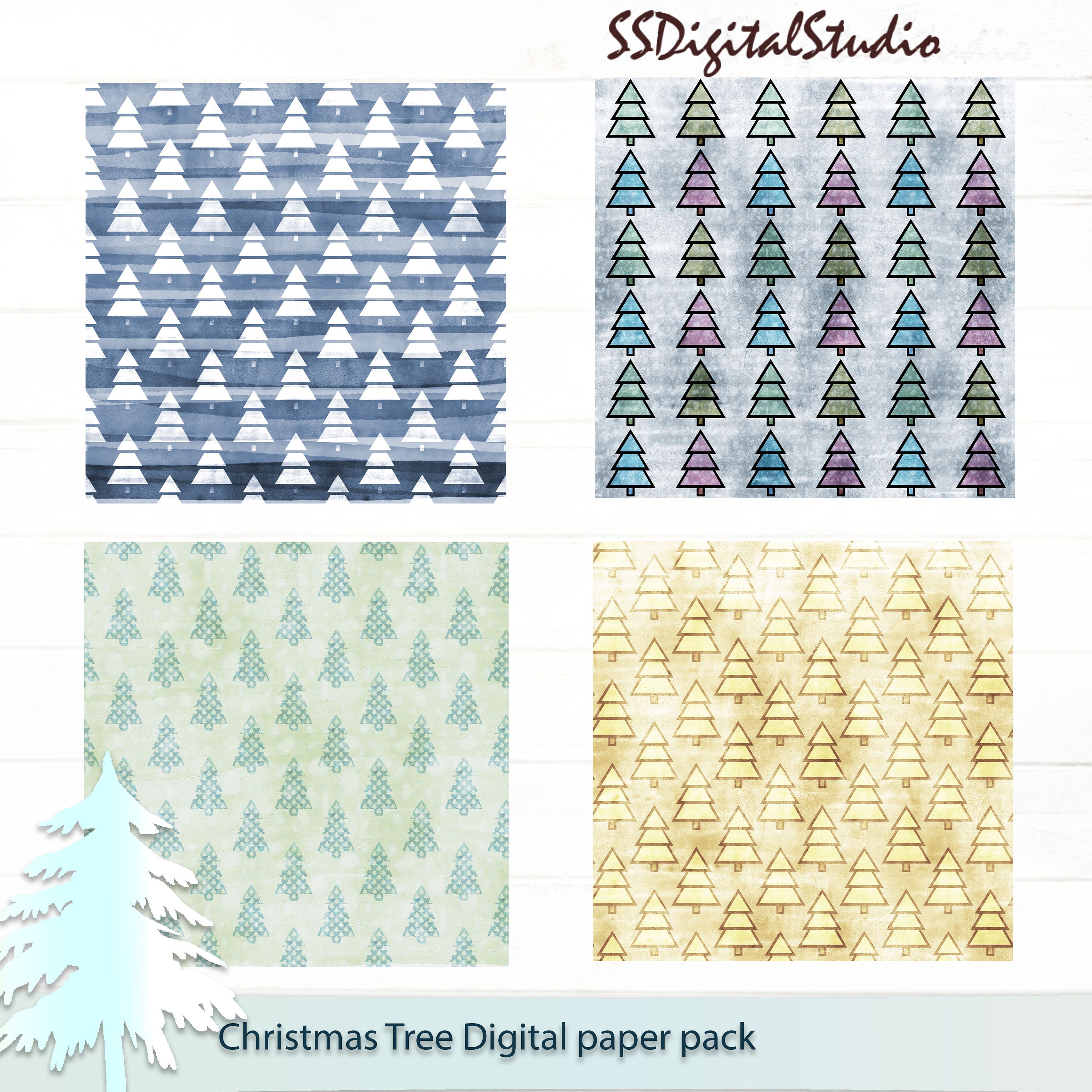 Christmas Tree Pastel Digital Paper Pack Card Making Back - Etsy