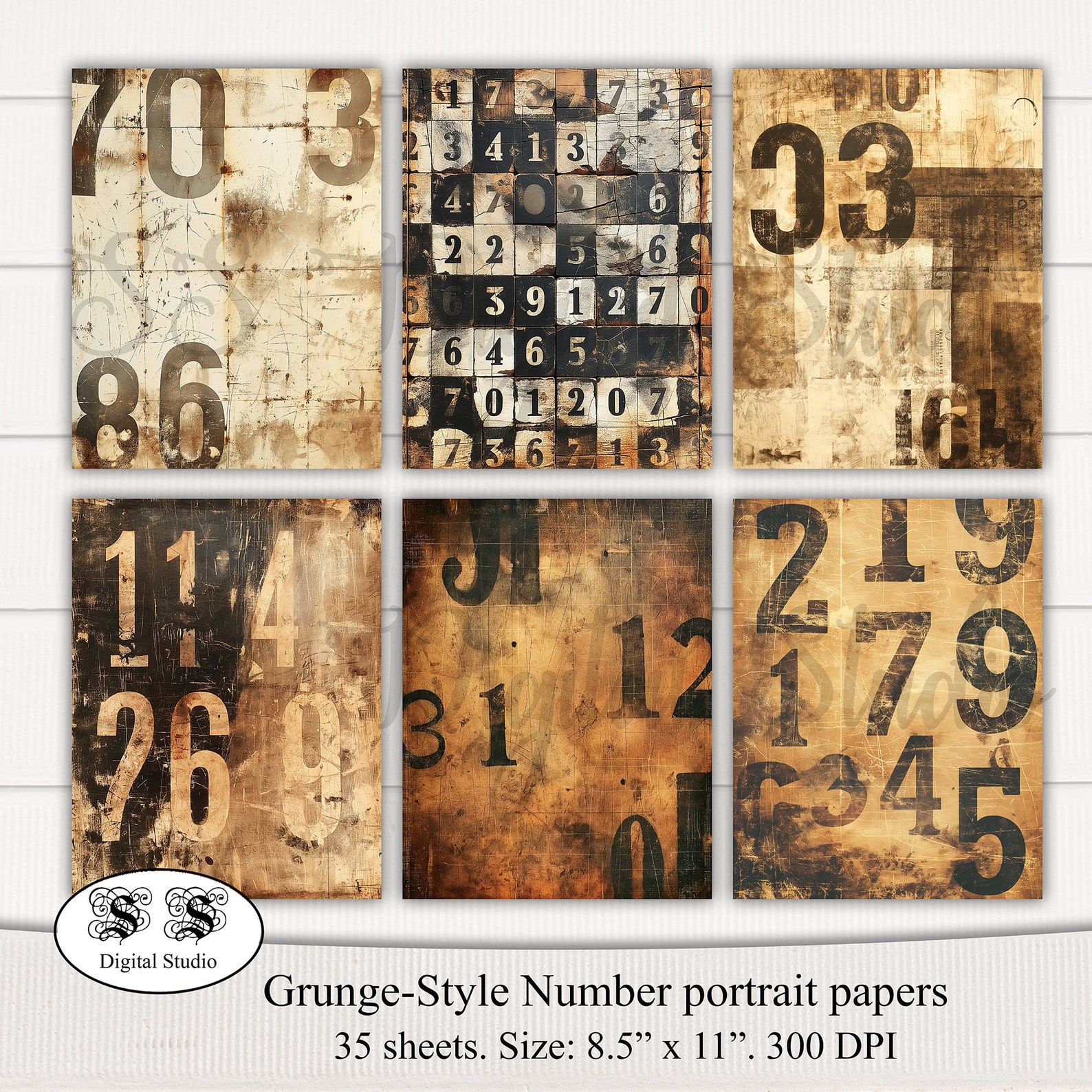 Grunge-style Number Portrait Printable Papers for Scrapbooking and Junk ...