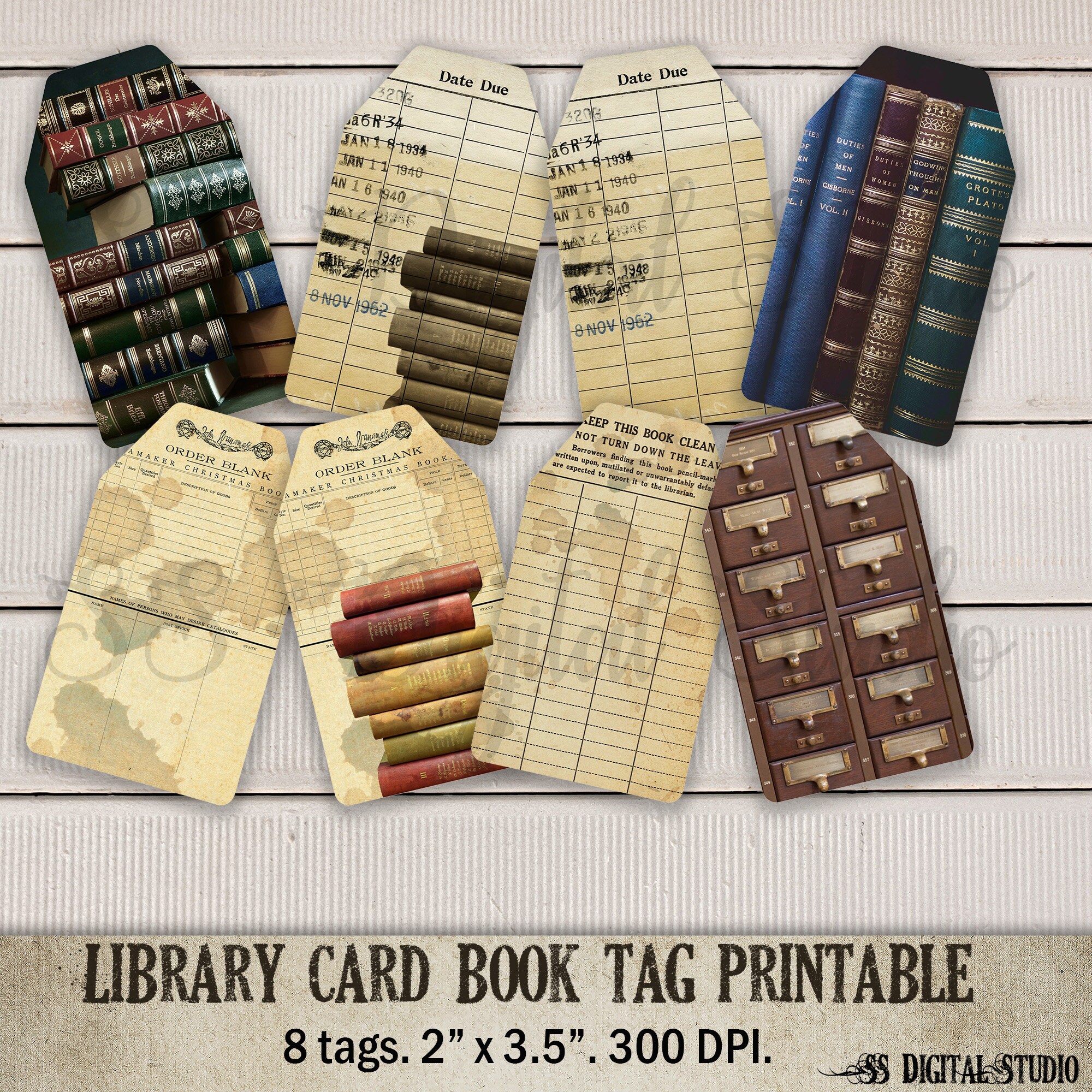 Book Library Card Ephemera Tags Digital Gift Tags - Etsy