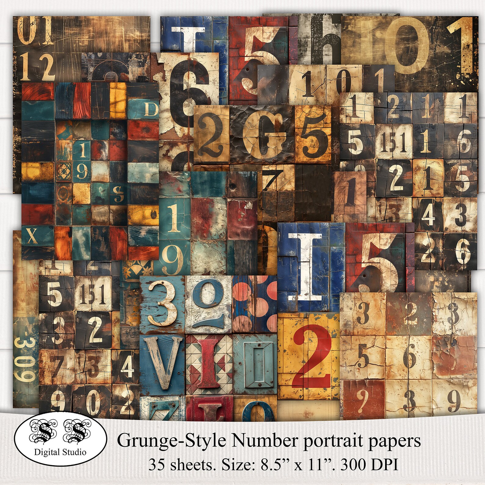 Grunge-style Number Portrait Printable Papers for Scrapbooking and Junk ...