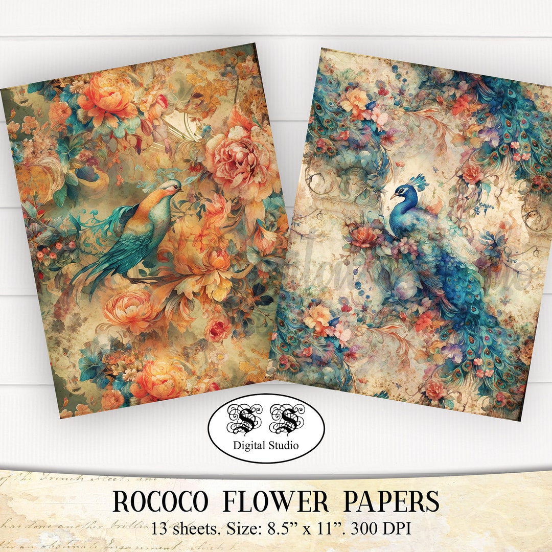 13 Sheets Rococo Floral Paper, Vintage, Shabby, Rose, Paper, Digital ...