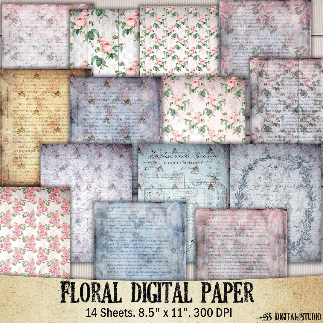 Vintage Shabby Chic Digital Scrapbook Paper Pack Pink Floral Digital ...