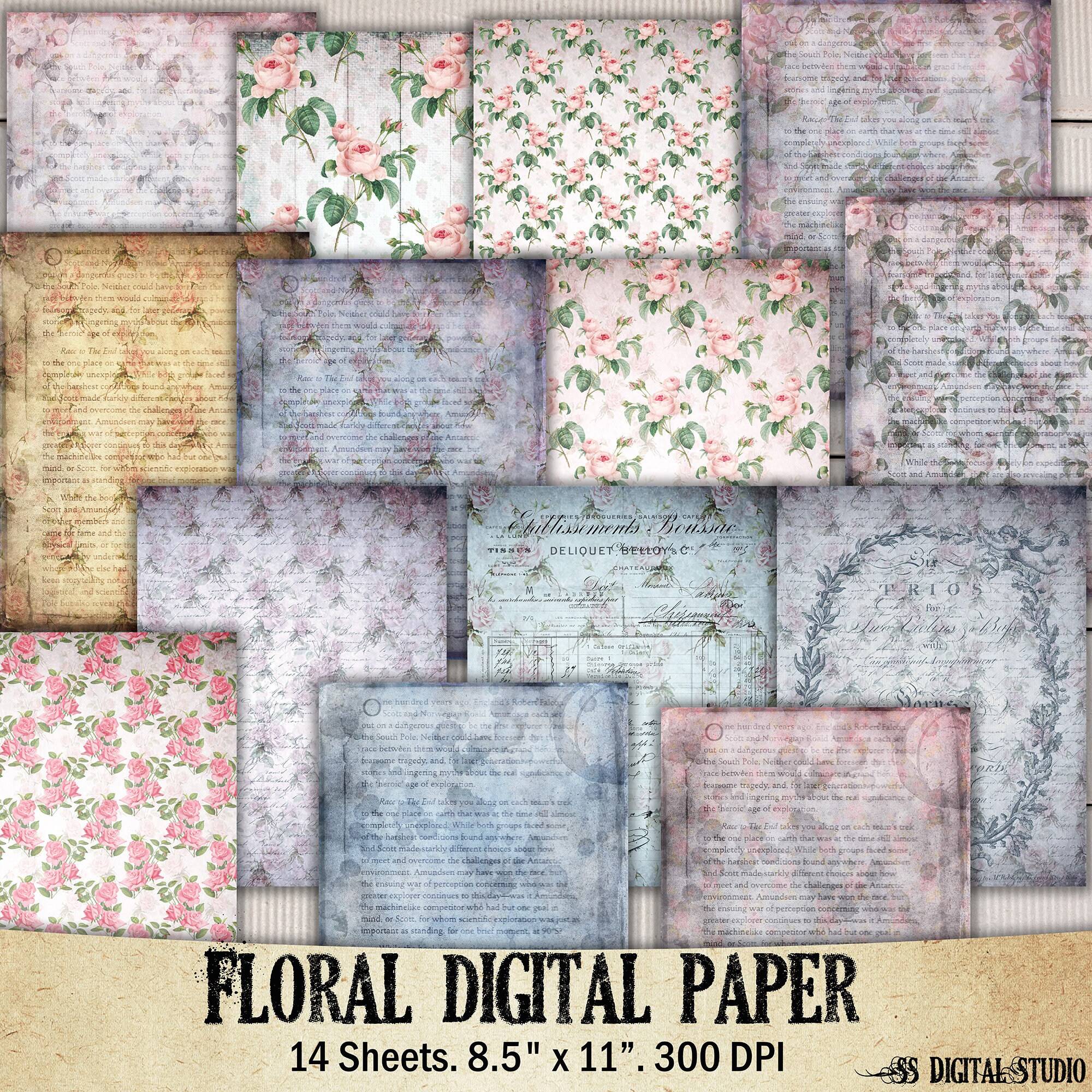 Vintage Shabby Chic Digital Scrapbook Paper Pack Pink Floral - Etsy