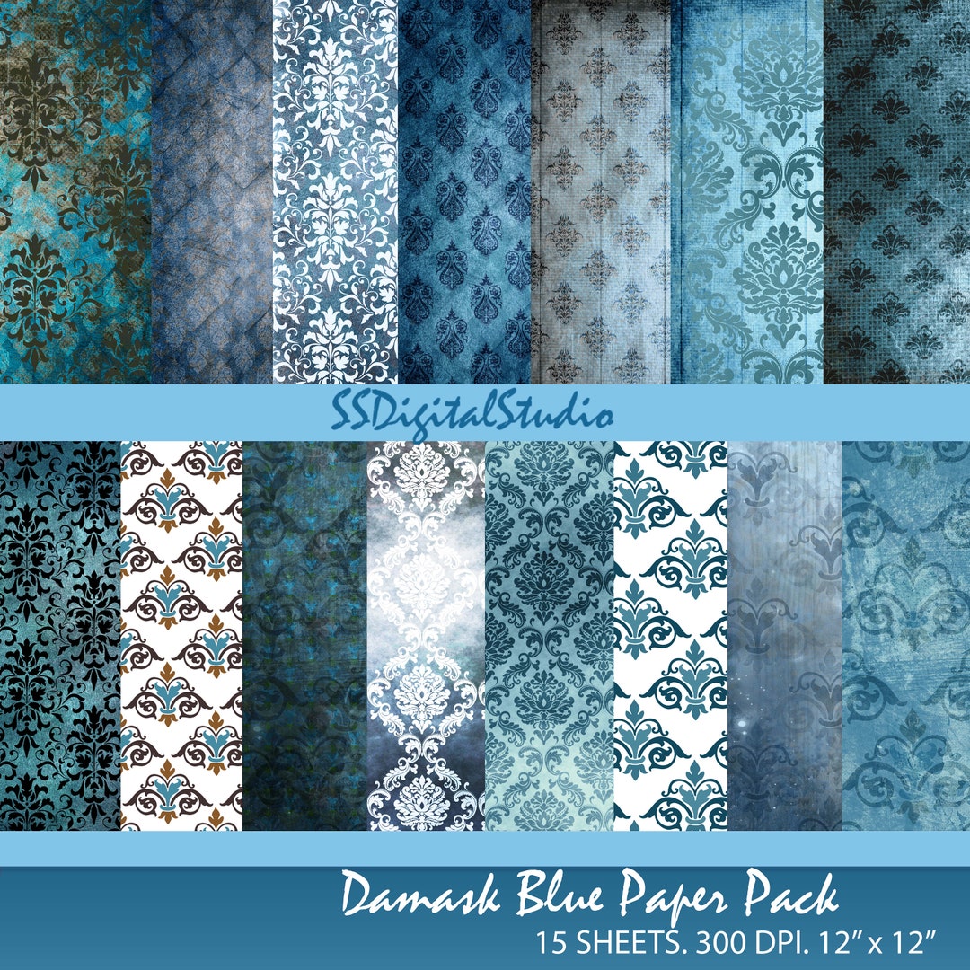 Blue Grunge Damask Digital Paper Pack: Scrapbook Backgrounds (digital ...