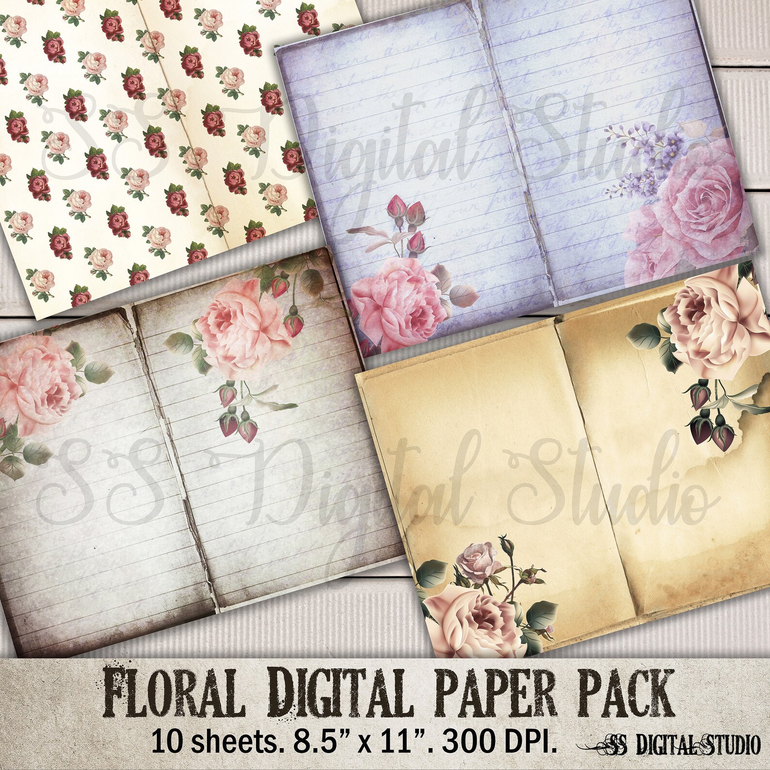 Vintage floral shabby rose journal paperdigital | Etsy