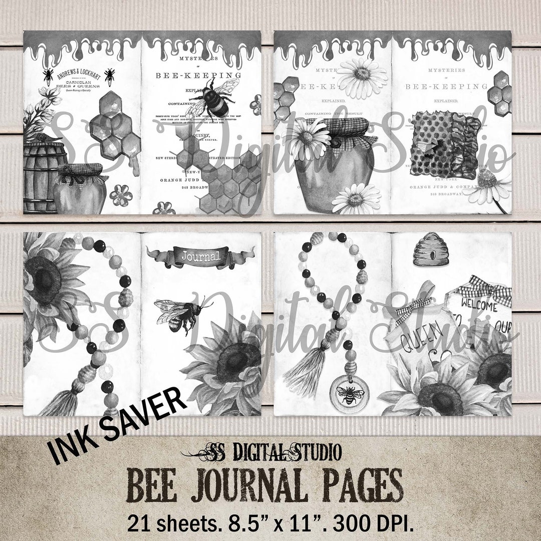 Ink Saver, Bee Journal Pages, Collage, Bee Ephemera, Landscape, Black ...