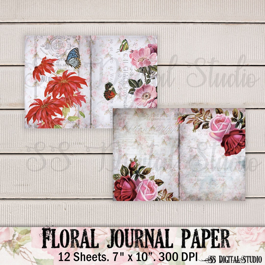 12 Sheets, Shabby Chic Floral Journal Paper, Digital, Background ...