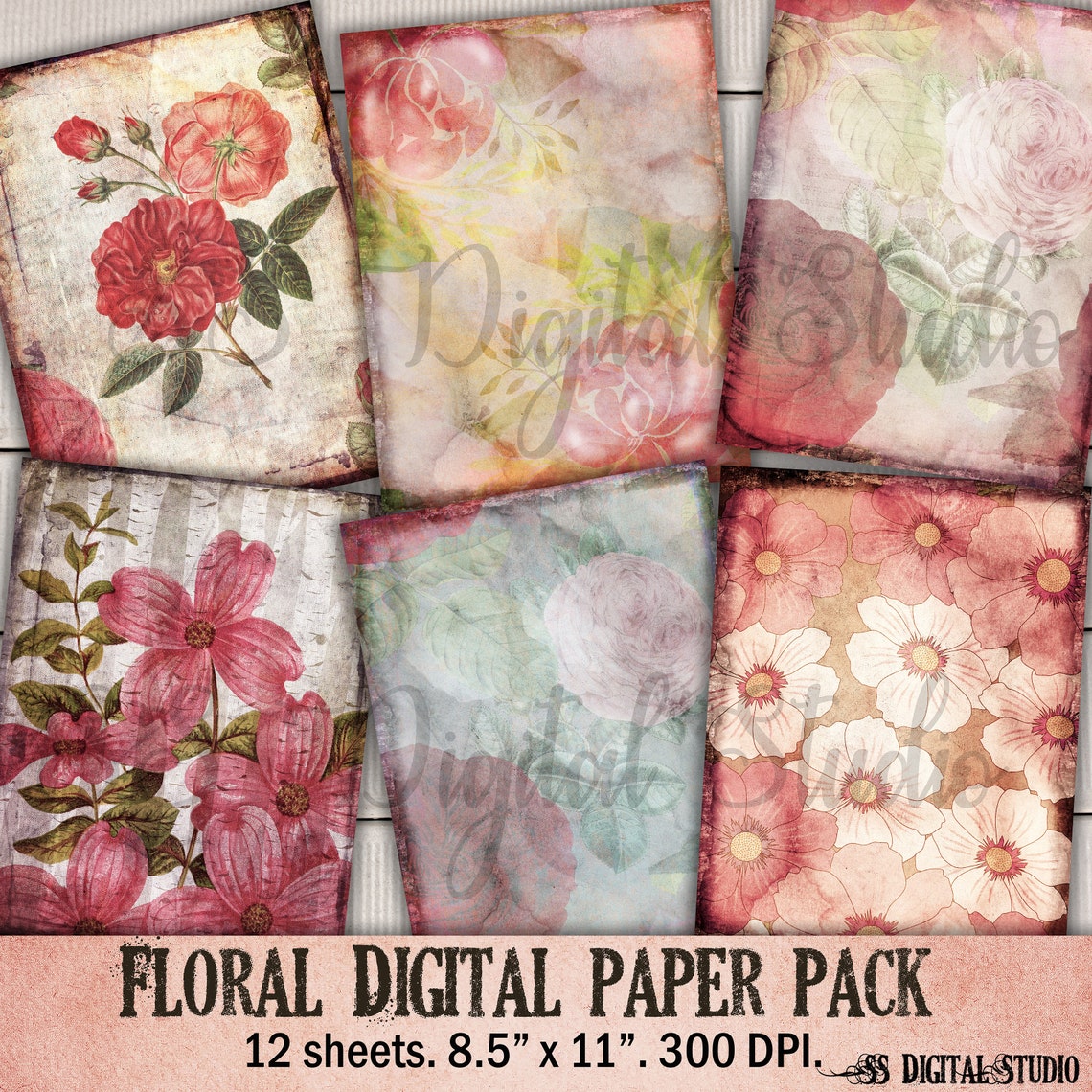 Flower Grunge Paper Vintage Floral Digital Paper | Etsy