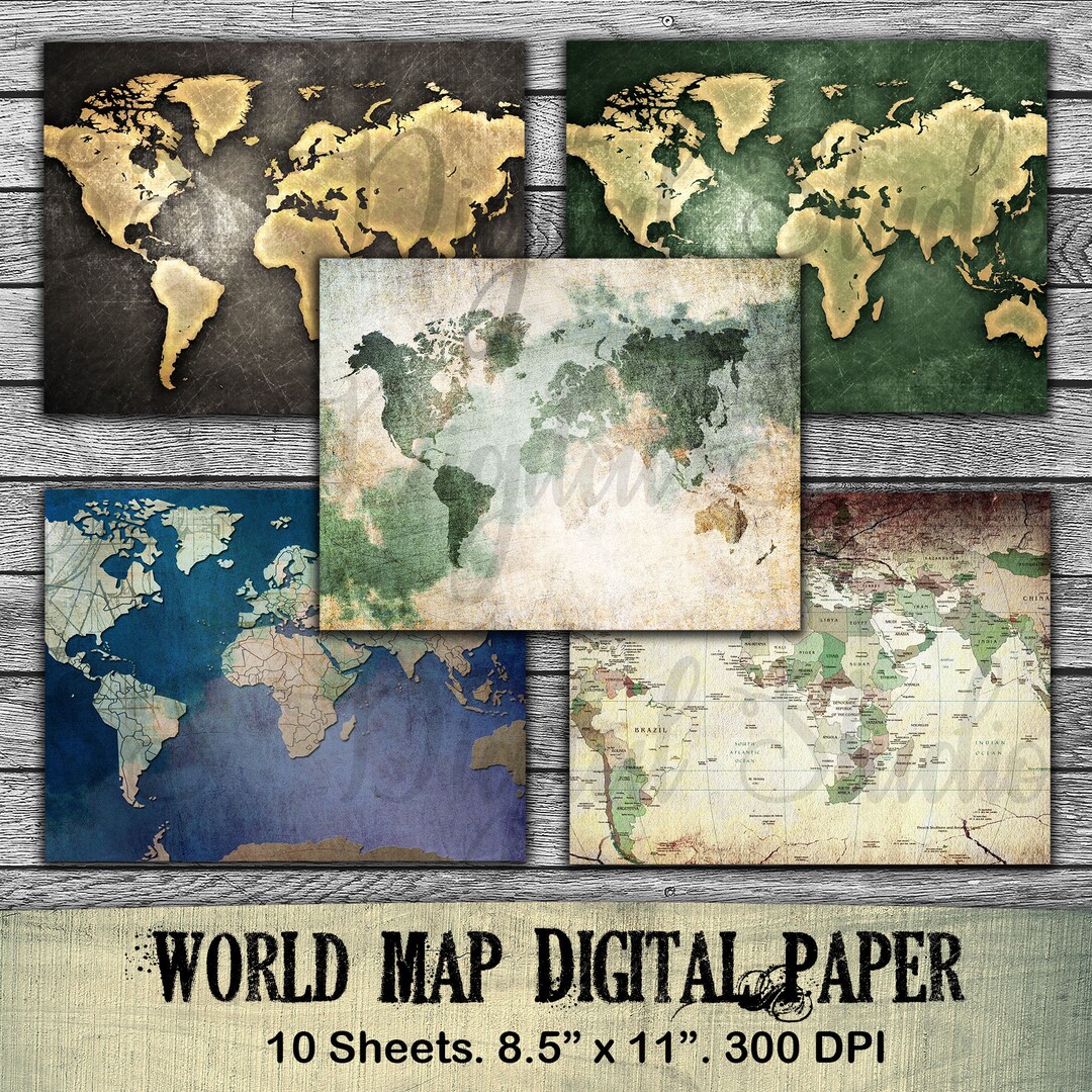 World Map, Grunge, Vintage, Digital Paper, Antique,card Making, Back ...