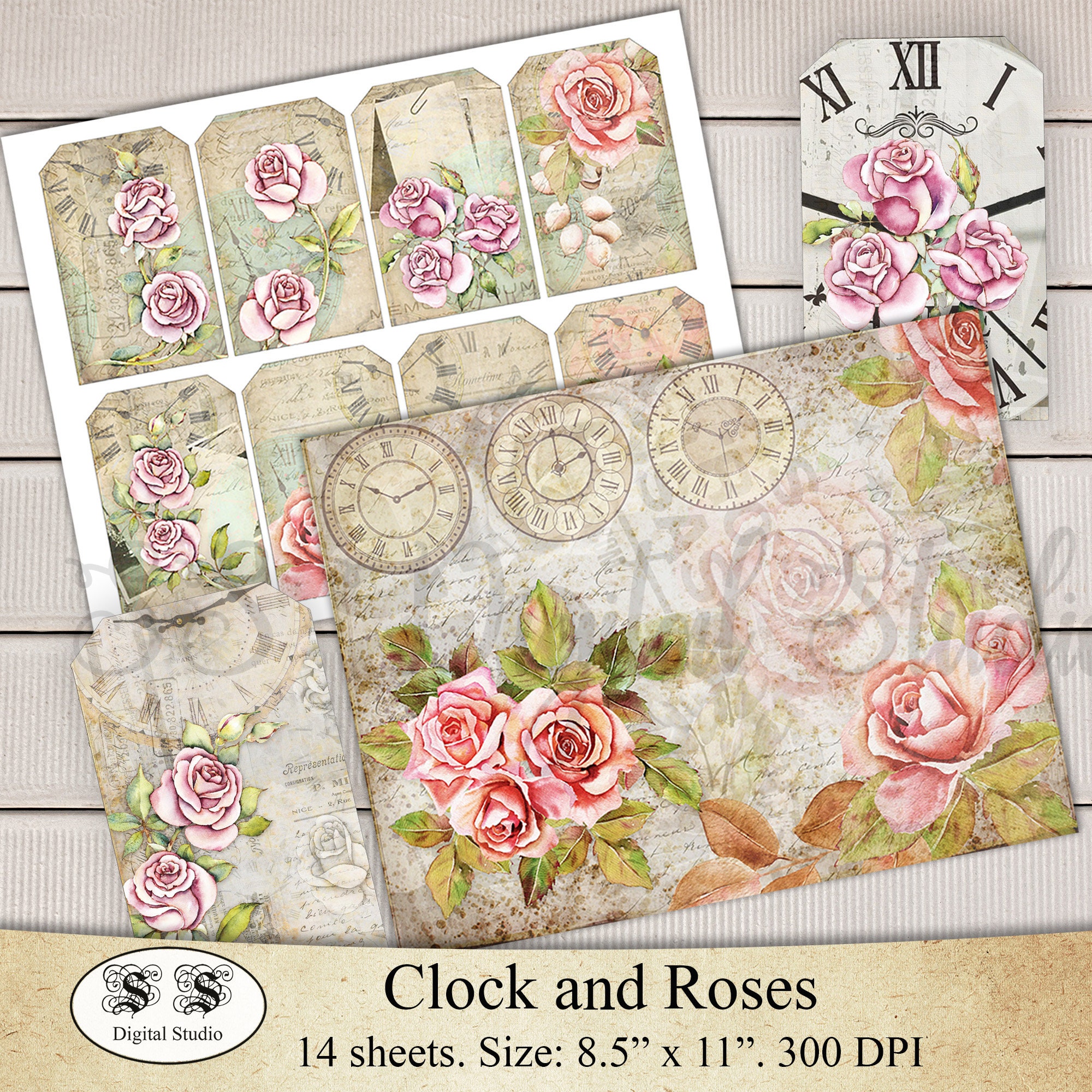 Clock and Roses Printable Paper Vintage Roses Antique - Etsy UK