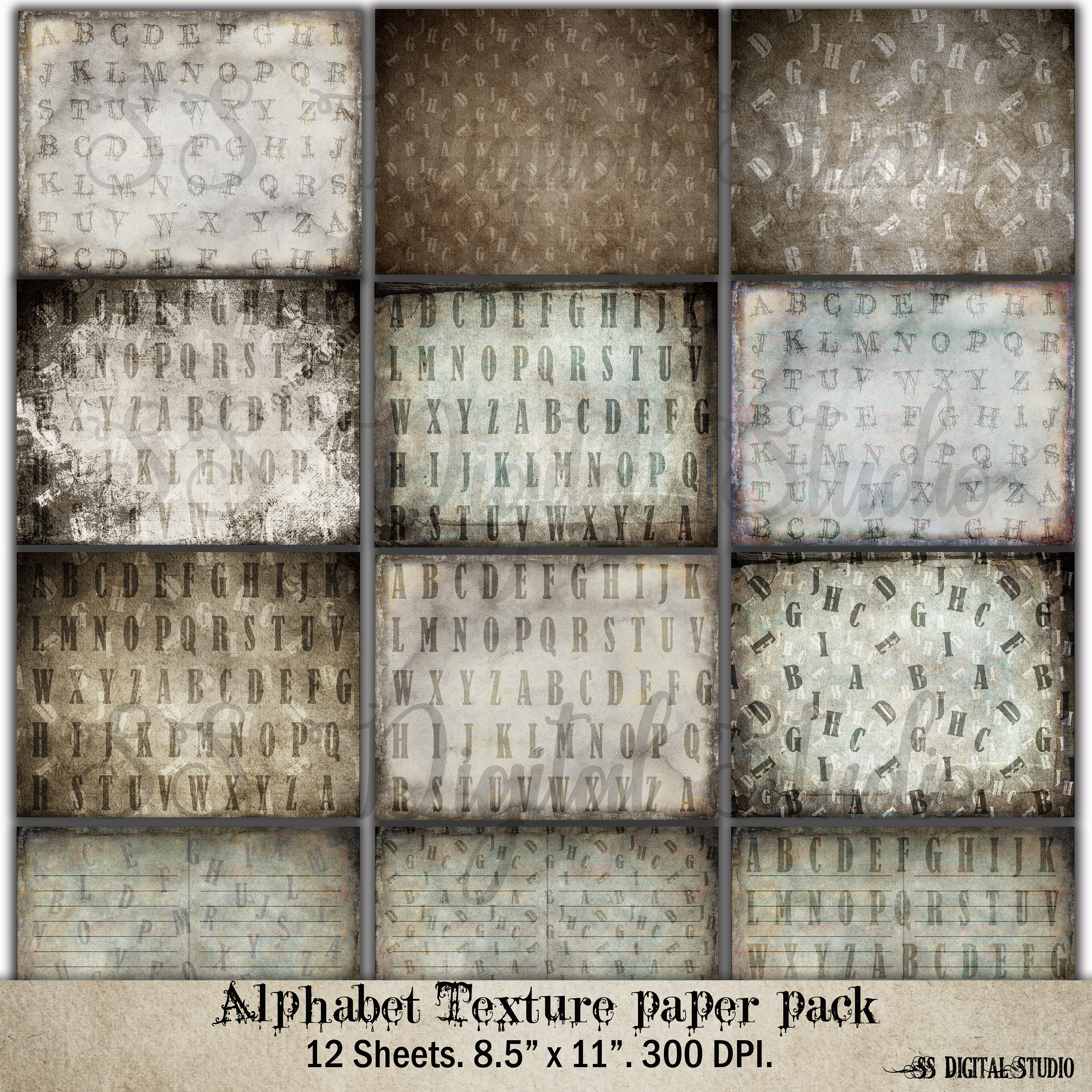 Vintage Alphabet Texture Paper Pack: Grunge Scrapbook Pages (digital ...