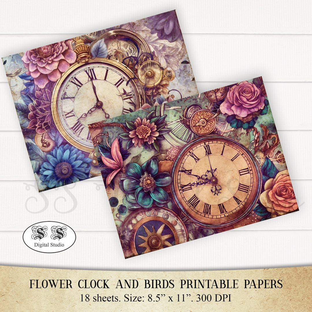 Flower, Clock and Birds Printable Paper, Vintage Roses, Antique ...