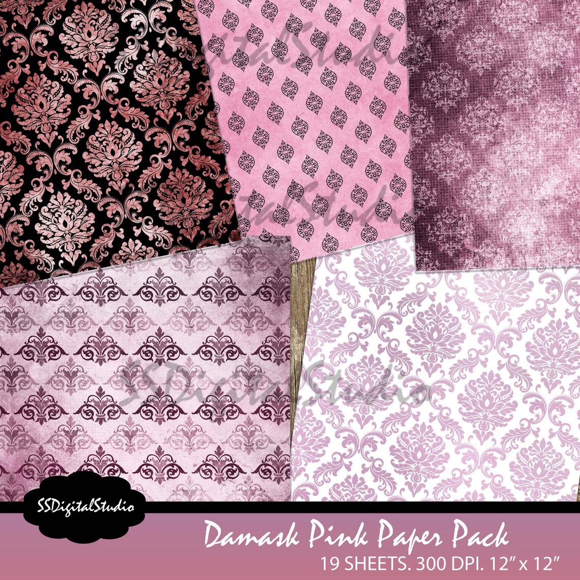 Vintage Grunge Pink Damask Digital Paper Pack Card Making | Etsy