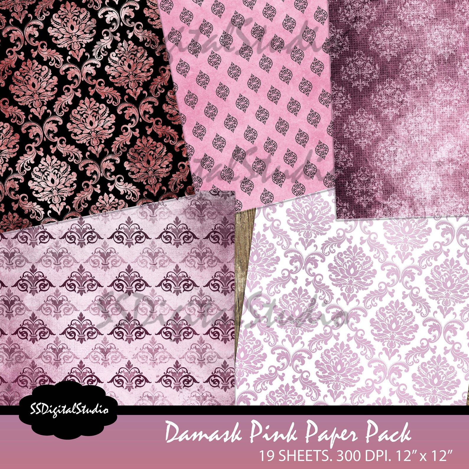 Vintage Grunge Pink Damask Digital Paper Pack Card Making | Etsy
