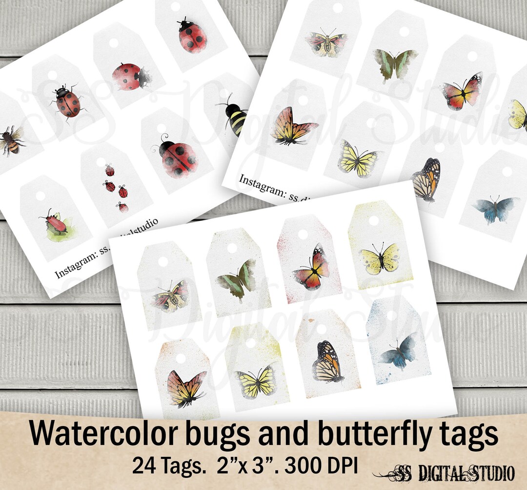 Watercolor Bugs, Bees, Butterfly, Ephemera Tags, Digital Gift Tags ...